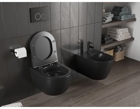 Mexen Carmen, závěsná WC mísa 490x365x340 mm, Rimless Tornádo + WC sedátko z duroplastu, černá matná, 30881085T