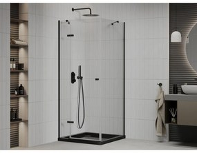 Mexen Roma, sprchový kout s 1-křídlými dveřmi 90 (dveře) x 90 (stěna) cm, 6mm čiré sklo, černý profil, slim sprchová vanička 5cm černá s černým sifonem, 854-090-090-70-00-4070B