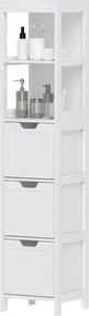 HOMCOM Koupelnová Skříň, Vysoká Koupelnová Skříň se 3 Šuplíky, 2 Otevřenými Policemi, Úložná Skříň pro Koupelnu a Obývací Pokoj, Bílá, 30 x 30 x 142,4