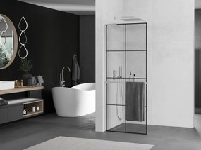 Mexen Kioto+ L, sprchová zástěna Walk-In s poličkou a věšákem 70 x 200 cm, 8mm čiré sklo černý vzor, ​​chromový profil, 800-070-123-01-77
