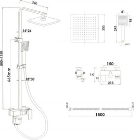Erga Cube, sprchová souprava s pákovou baterií, vanovou výlevkou a dešťovou hlavicí 30x30cm, černá matná, ERG-YKA-BP.CUBE-30-BLK