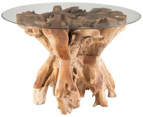 Přírodní jídelní stůl z teakového dřeva a skleněnou deskou na kmeni Raoul teak - Ø140*75cm