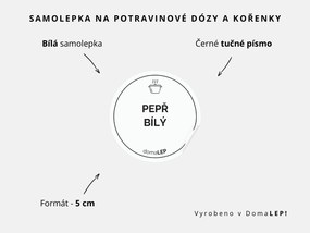PEPŘ BÍLÝ - omyvatelná samolepka na kořenky, výběr rozměrů Ø 5 cm / 5 x 5 cm / 6 x 8 cm | DomaLEP tvar: KOLEČKO, barva: BÍLÁ - ČERNÉ písmo, velikost: Ø 5 cm - tučné písmo
