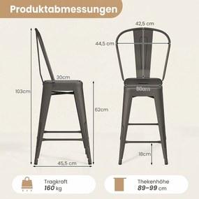 Costway Sada 4 barových stoliček ze stohovatelného kovu s odnímatelným opěradlem