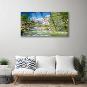 akrylový obraz Kostel Most Jezero Příroda 100x50 cm