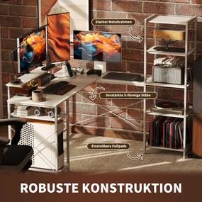 HOMCOM L-tvarovaný psací stůl s nabíjecí stanicí, rohový počítačový stůl s držákem monitoru a policemi, pro home office, kancelář, bílá