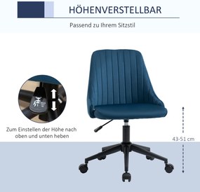 Vinsetto Otočná kancelářská židle Ergonomický design s nastavitelnou výškou 360° otočná pěnová sametová polyesterová modrá 50 x 58 x 77-87 cm