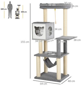 Víceúrovňové škrabadlo PawHut XXL 155H cm s houpací sítí a měkkým polštářem, stabilní v šedé a bílé barvě pro kočky | Aosom.de