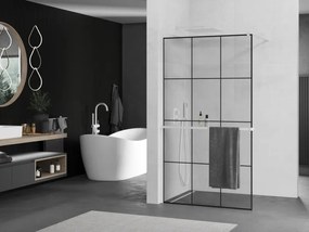 Mexen Kioto+, sprchová zástěna Walk-In s poličkou a věšákem 100 x 200 cm, 8mm čiré sklo černý vzor, ​​bílý profil, 800-100-121-20-77