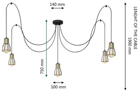 Lustr na lanku TUBE 5xE27/15W/230V pavouk černá/zlatá