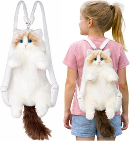 LEAN Toys Plyšová kočka – batoh – plyšová hračka – pruhy – nastavitelné popruhy – silikonové tlapky – bílá – 50 cm