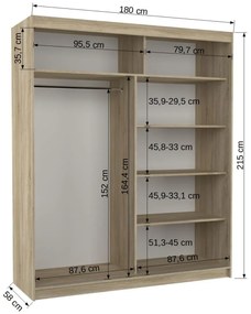 Šatní skříň s posuvnými dveřmi Olivier - 180 cm Barva: dub Sonoma/Bílá