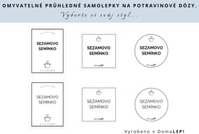SEZAMOVO SEMÍNKO - omyvatelná samolepka na dózu, výběr rozměrů Ø 5 cm / 5 x 5 cm / 6 x 8 cm | DomaLEP tvar: KOLEČKO, barva: PRŮHLEDNÁ - ČERNÉ písmo, velikost: Ø 5 cm - tučné písmo
