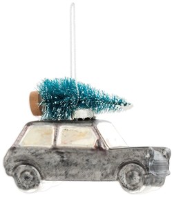 Vintage vánoční ozdoba Auto s vánočním stromem - 10*5*7 cm