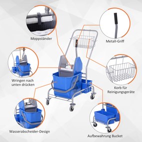 HOMCOM Úklidový vozík, vozík na mop, objem 25 l, 4 kolečka, plast, modrý