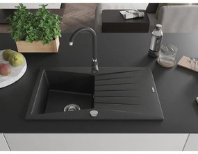 Mexen Cesar, 1-komorový granitový dřez s odkapávačem 78x47 cm a kuchyňskou baterií Telma, černá-stříbrná, 6514-73-670200-70