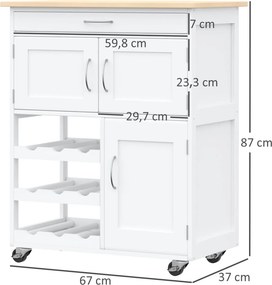 HOMCOM Kuchyňský vozík s kolečky, zásuvkou, 2 úložnými skříňkami a 3 otevřenými policemi pro 9 lahví do jídelny nebo restaurace 67x37x87 cm Bílý