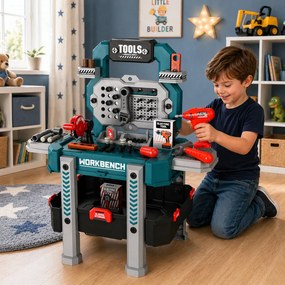 LEAN Toys Sada pro kutily – stůl na nářadí 2 v 1, kufřík, dílenská skříňka, šroubovák, 78 ks.