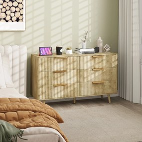 HOMCOM Komoda se 6 zásuvkami do ložnice s pruhovaným designem a dřevěnými nohami, příborník do obývacího pokoje a chodby 62x35x105 cm Dub