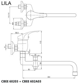 Mereo Lila nástěnná baterie do byt. jádra 100 mm s ramínkem  18 mm 330 mm bez přísluš. mosaz chrom CBEE602A03