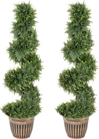 HOMCOM Spirálovitá cypřiš, sada 2 umělých rostlin, s květináčem, výška 120 cm, zelená