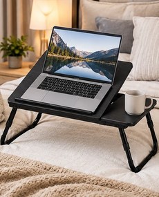 stolek na notebook, držák na tablet, skládací, MDF/kov, 60x35x20 cm, černá, Tempo Kondela EVALD