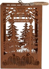 Rustikální rezavá lucerna s dýněmi a stromky - 19*19*30 cm