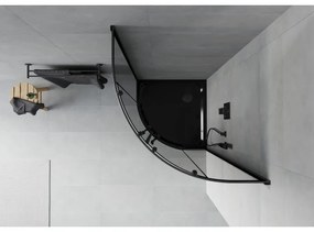 Mexen Rio, čtvrtkruhový sprchový kout s posuvnými dveřmi 90 (dveře) x 90 (dveře) x 190 cm, 5mm šedé sklo, černý profil + černá sprchová vanička Slim, 863-090-090-70-40-4170B