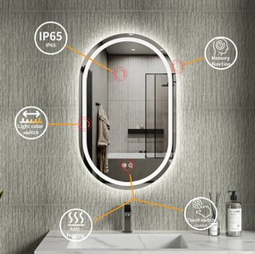 Erga Lyra, oválné LED zrcadlo 50x80cm, 3 barvy světla, přední a zadní osvětlení, vyhřívací podložka proti zapaření, ERG-V01-Lyra-5080-CL