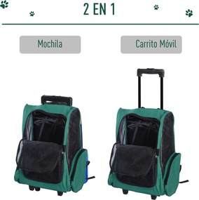 PawHut 2v1 nosič pro domácí mazlíčky - batoh nebo vozík na cestování pro psy a kočky s 2 koly, sklopná hliníková rukojeť a kapsy 42x25x55 cm Zelená