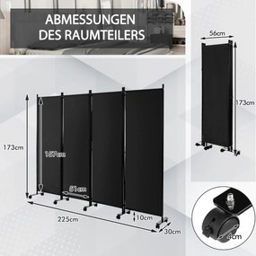 Costway Čtyřdílný paraván na kolečkách, výška 173 cm, černý