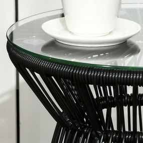 Zahradní stůl Outsunny kulatý s designem dutého bubnu, bistro stůl se skleněnou deskou, černý konferenční stolek na zahradu a balkon |