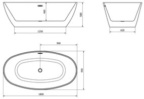 Mexen Eris, volně stojící vana 180 x 95 cm, bílá-černá, zlatý lesklý přepad, 53441809575-50