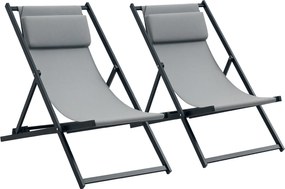 Outsunny Sada 2 skládacích hliníkových lehátek s nastavitelným opěradlem a podhlavníky na terasu, patio, venku 58x96,5x91,5 cm Tmavě šedá | Aosom