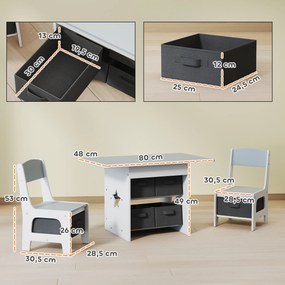 AIYAPLAY stoleček a set 2 židlí pro děti se 6 vyjímatelnými zásuvkami, pro dívky a chlapce 3–8 let, šedá