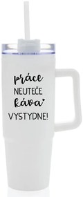 PRÁCE NEUTEČE, KÁVA VYSTYDNE! - bílý cestovní termohrnek s průhledným víčkem 900 ml