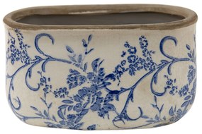 Oválný keramický obal na květináč s modrými květy Saten M - 17*9*10 cm