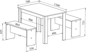 Set černého jídelního stolu a 2 lavic s deskou v dekoru betonu TemaHome Nice