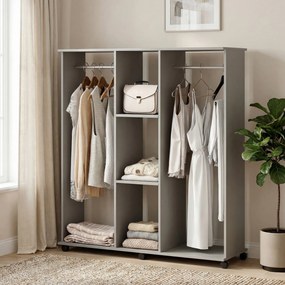 HOMCOM Šatní skříň s tyčí na oblečení, mobilní úložný nábytek 6 koleček 120 x 40 x 128 cm, šedá