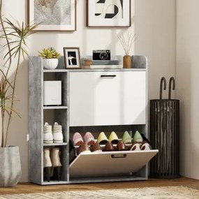 HOMCOM úzká skříňka na boty se 2 sklápěcími zásuvkami a 3 otevřenými přihrádkami, kapacita 15 párů, 83x24x90,5 cm, šedá
