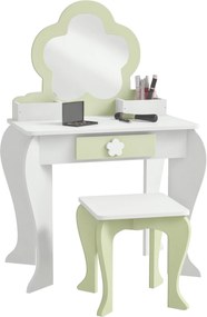 Dětský toaletní stolek ZONEKIZ s zrcadlem a stoličkou pro holčičky ve věku 3-6 let, 2 boxy a 1 zásuvka, 55x34x87,5 cm, bílá a jemně zelená