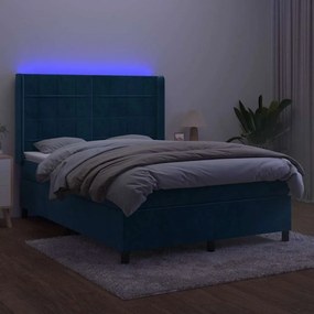 Box spring postel s matrací a LED tmavě modrá 140x200 cm samet 3139569