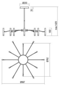Redo 01-3448 - LED Stmívatelný lustr na tyči RAYEN LED/60W/230V CRI 90 zlatá