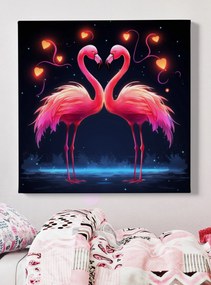 Obraz na plátně - Plameňáci, zamilovaný růžový pár se svítícími srdci FeelHappy.cz Velikost obrazu: 40 x 40 cm