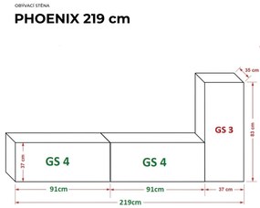 Ral Obývací stěna PHOENIX 1, 219 cm  - Bílý lesk