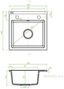 Laveo Trzynastka, 1-komorový granitový dřez 440x440x173 mm, černá skvrnitá, LAV-SBP_710T