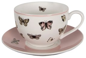 Růžovo-bílý porcelánový šálek s podšálkem s motivem motýlků Butterfly paradise – 200 ml