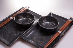 Made in Japan (MIJ) Sushi Set Matt Black s květinovým motívem 4 ks s hůlkami