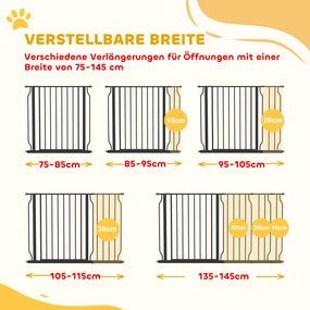 Bezpečnostní branka pro psy PawHut, 75-145 cm, nastavitelná, otevírání do dvou směrů, dvojité zamykání, montáž bez vrtání, ABS, ocel, černá| Aosom