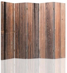 Ozdobný paraván, Prkna v hnědé barvě - 180x170 cm, pětidílný, klasický paraván